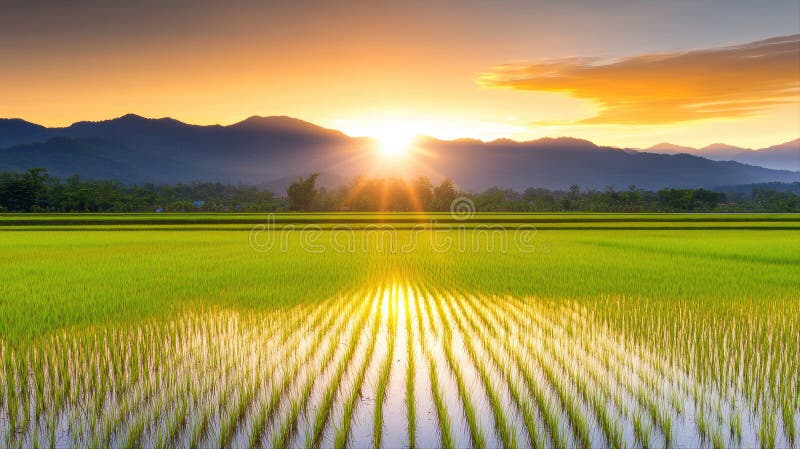 Beautiful Rice Field at Sunset with Distant Mountains in the Background ...