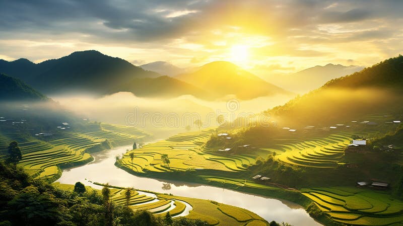 Beautiful Rice Fields at Sunset. Generative AI Stock Illustration ...