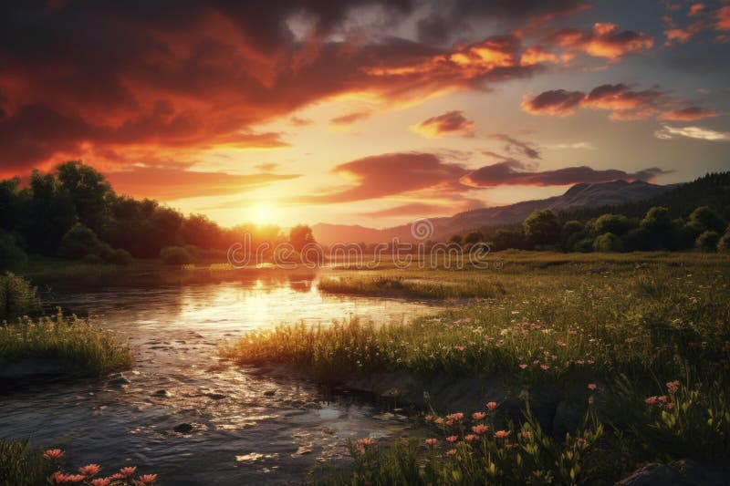 Beautiful Rill and Forest in Spring, Generative AI Stock Illustration ...