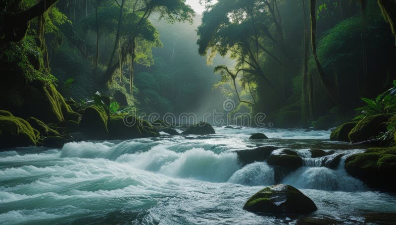 Lush Rainforest River with Cascading Waterfalls and Sunlight Streaming ...