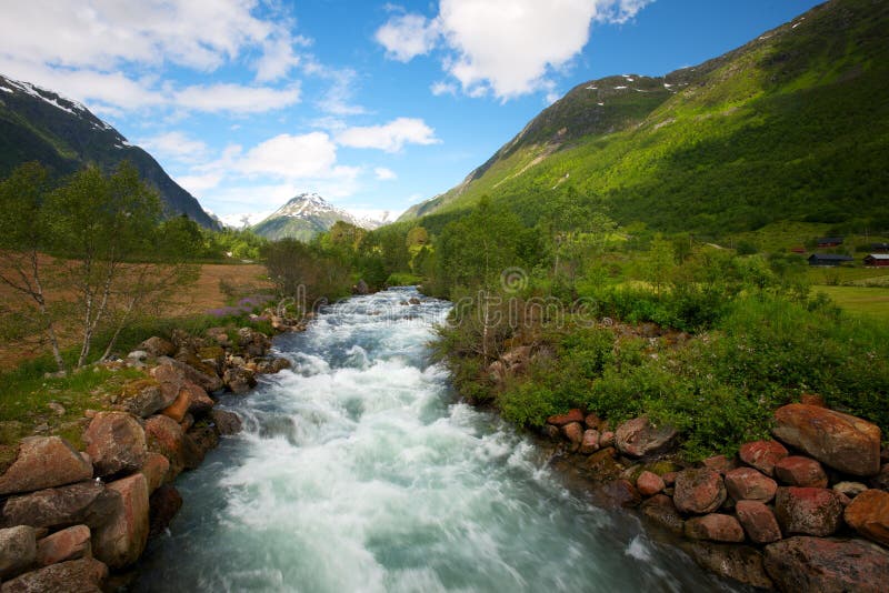 Beautiful River in Scandinavian Landscape Stock Image - Image of grass ...