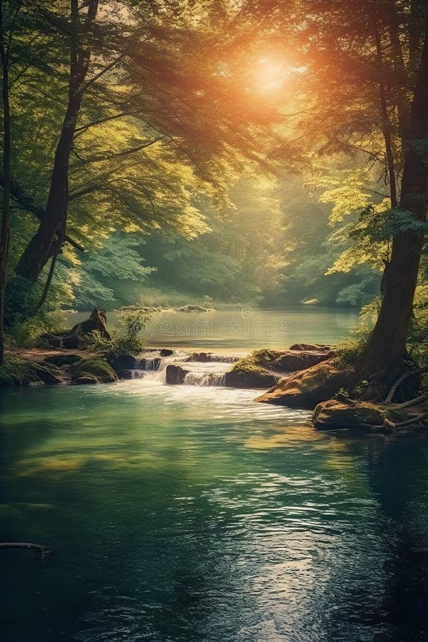Beautiful River Stream through Dense Forest. Sunlight Rays through ...