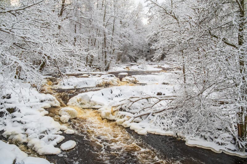 Beautiful River Valley with Snow and Frost and Running Water Stock ...