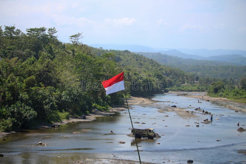 Beautiful River View with Indonesian Flag in Flutter Stock Photo ...