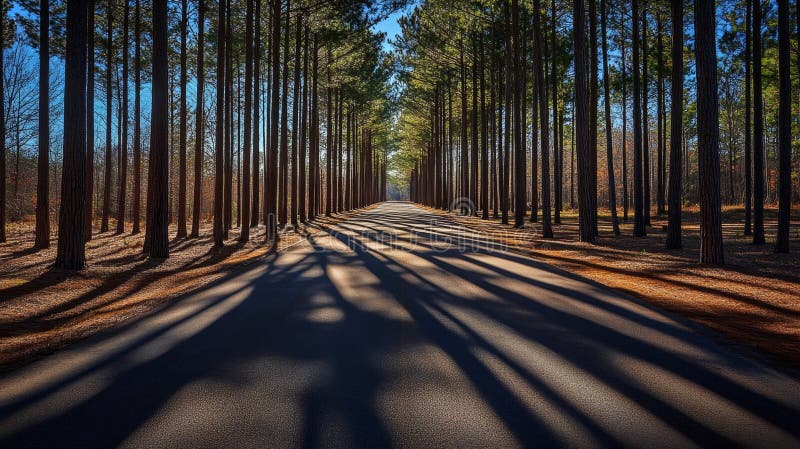 Scenic Road with Shadows from Tall Pine Trees Creating Patterns Stock Illustration ...