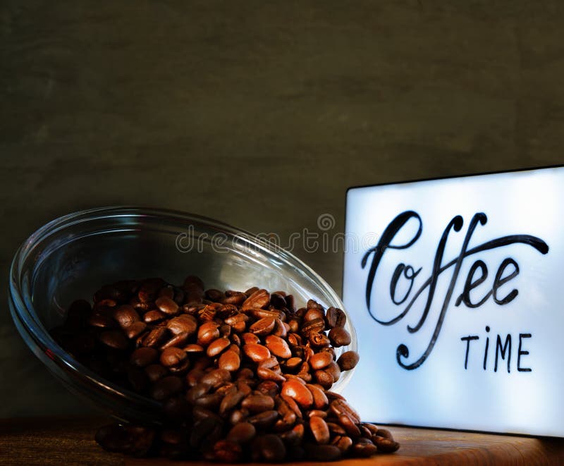 Beautiful Roasted Coffee Beans, Coffee Time Lettering Stock Image ...