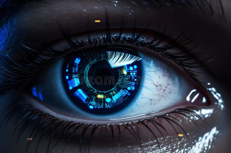 Beautiful Robotic Blue Eye with Hud Interface and Lines of Code Around ...