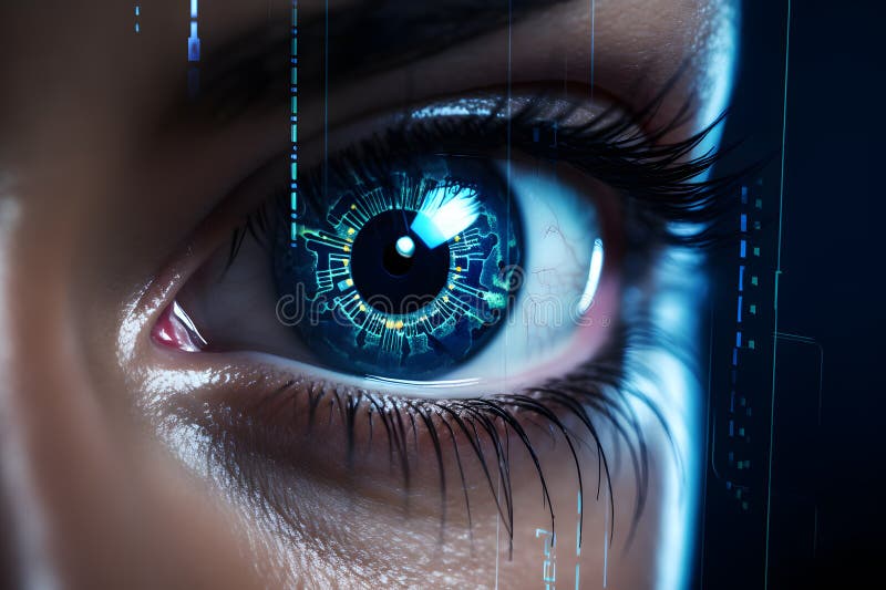 Beautiful Robotic Blue Eye with Hud Interface and Lines of Code Around ...
