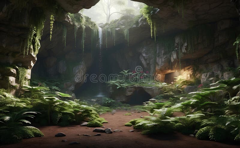 A Beautiful Rock Cave with Moss and Plants Stock Illustration ...
