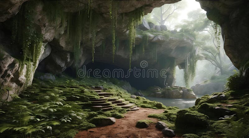 A Beautiful Rock Cave with Moss and Plants Stock Illustration ...