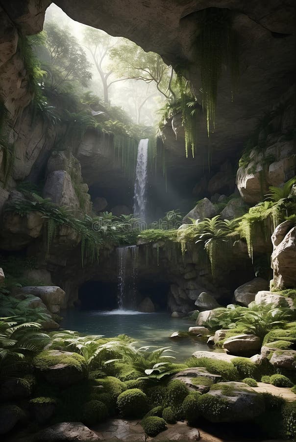 A Beautiful Rock Cave with Moss and Plants Stock Illustration ...