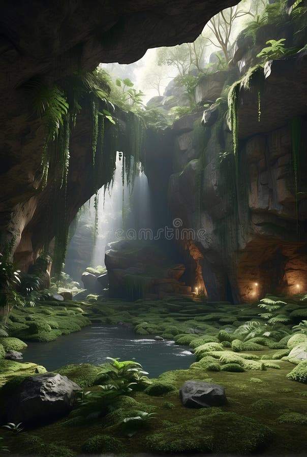 A Beautiful Rock Cave with Moss and Plants Stock Illustration ...