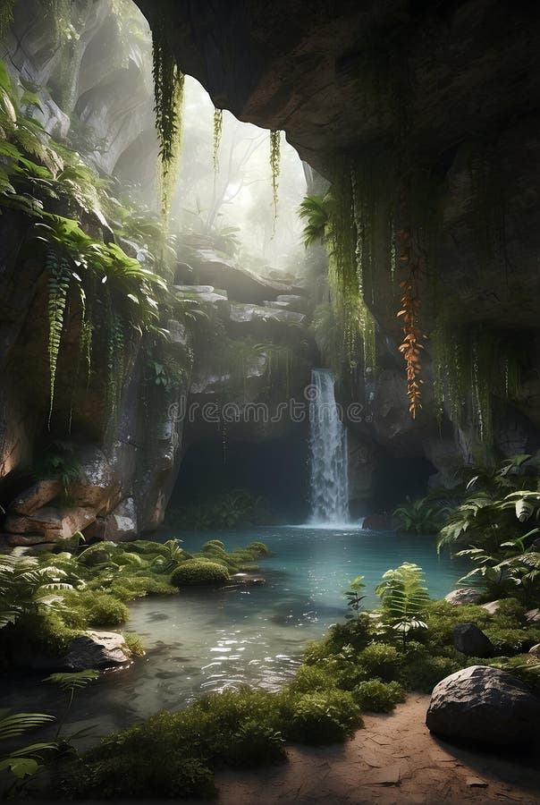 A Beautiful Rock Cave with Moss and Plants Stock Illustration ...