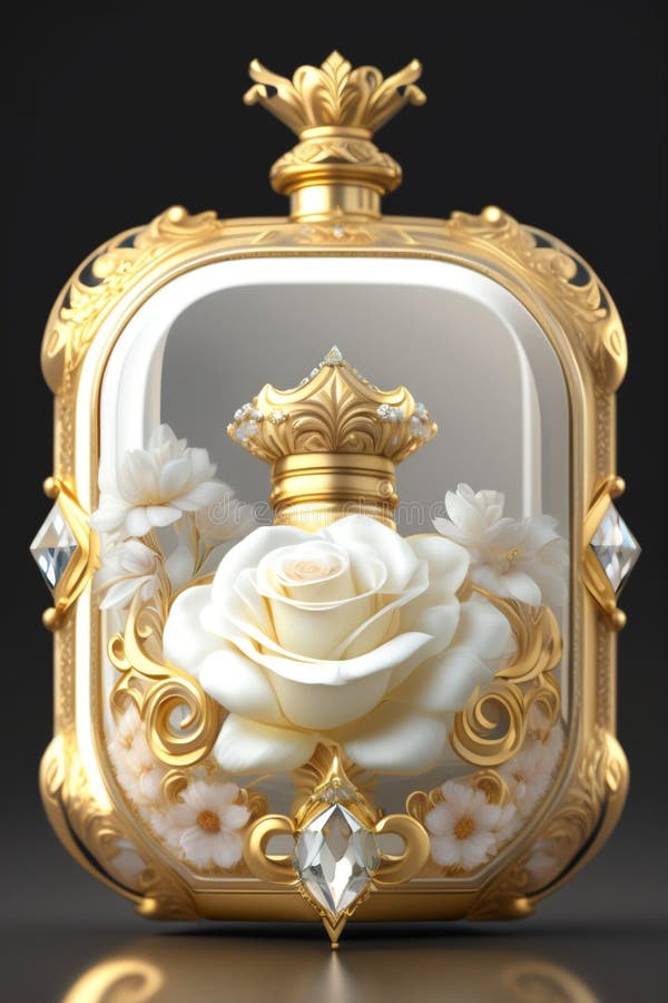 A Beautiful Rococo Style Perfume Bottle, Surrounded by White Roses ...