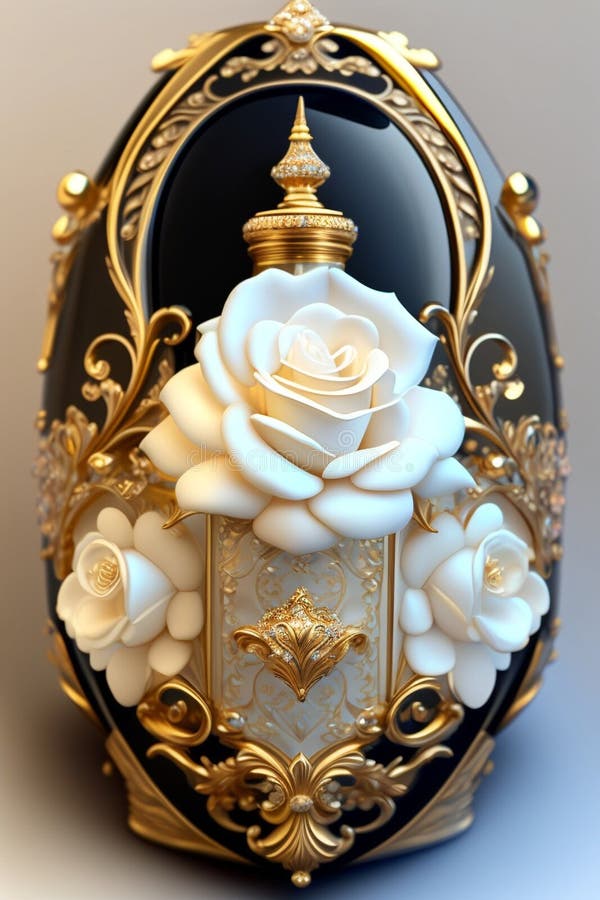 A Beautiful Rococo Style Perfume Bottle, Surrounded by White Roses ...