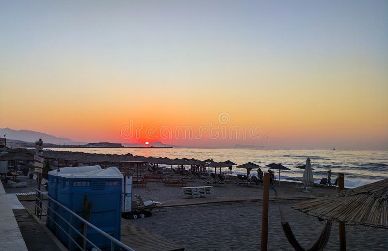 A Beautiful Romantic Sunset at Rethymno Beach, Crete, Greece Stock ...