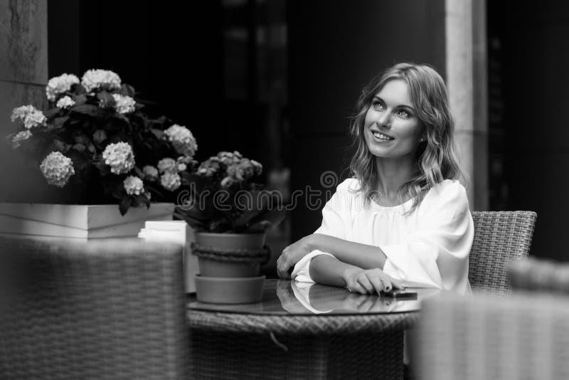 Beautiful Romantic Woman Sitting Alone in a Cafe Stock Image - Image of ...
