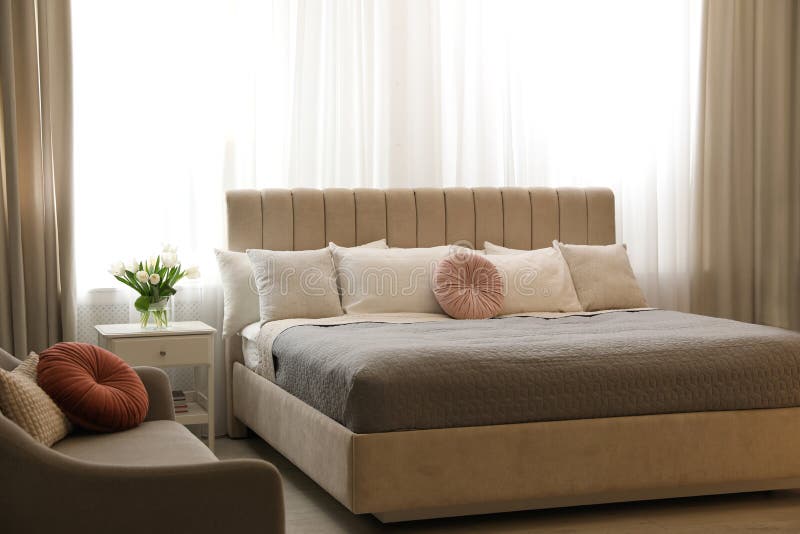 Beautiful Room Interior with Large Bed Stock Image - Image of ...
