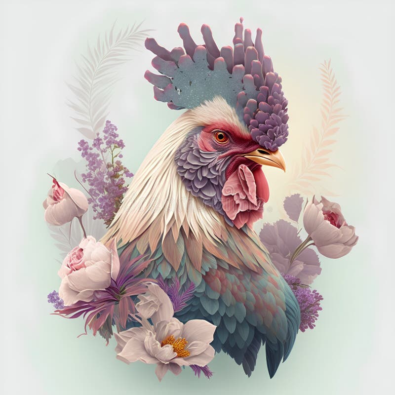 Beautiful Rooster and Flowers in Vintage Style. Vector Illustration ...
