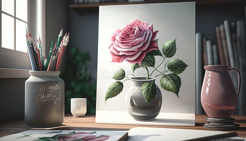 Beautiful Rose Painted on Canvas, Generative AI. Stock Illustration ...