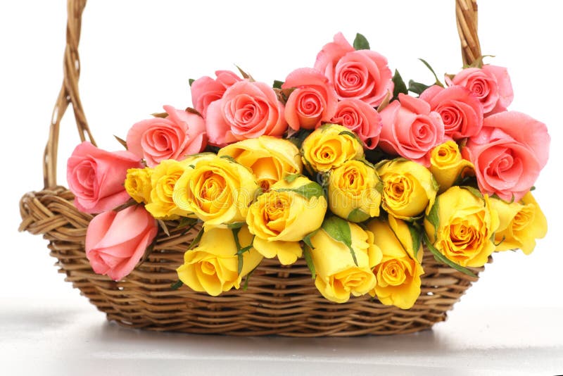 Red and Yellow Roses in a Basket Stock Photo - Image of passion, leaf ...