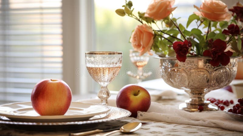 A Beautiful Rosh Hashanah Themed Table Setting Stock Illustration ...