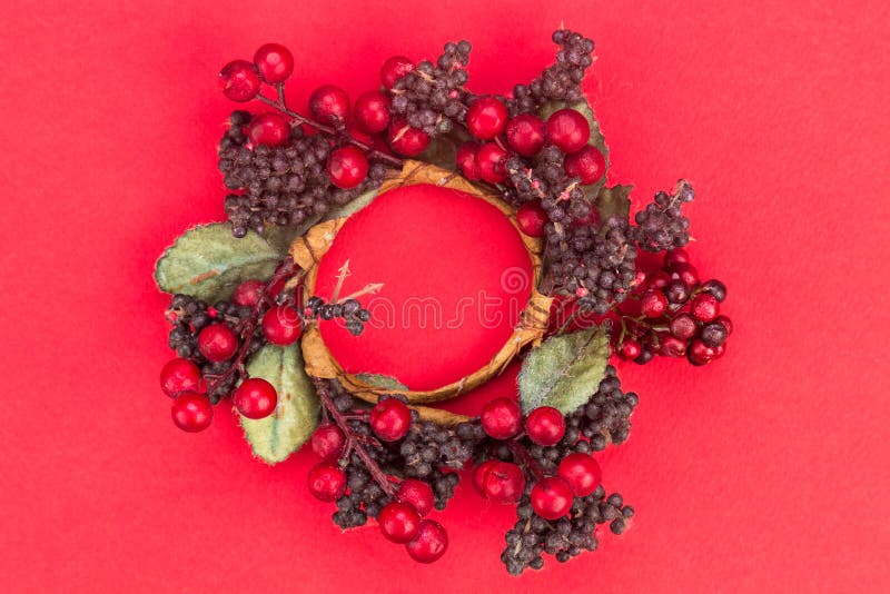 Beautiful Round Christmas Garland on Red Background. Stock Photo ...