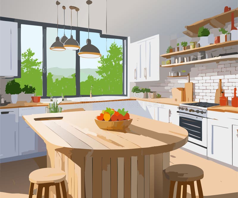 Beautiful Round Wood Table and Counter on Interior in Bright Kitchen ...