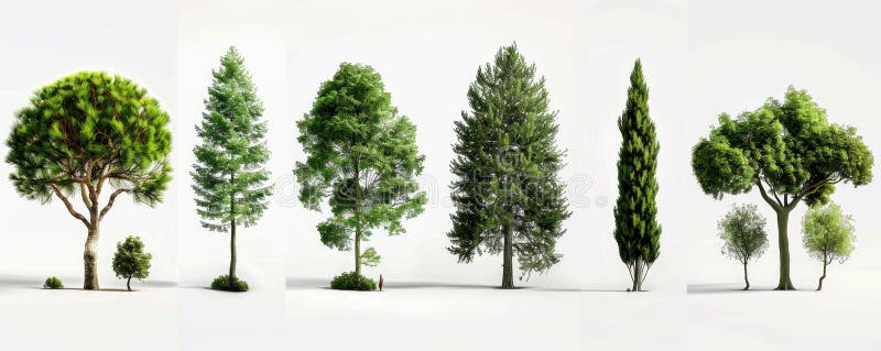 A Beautiful Row of Various Types of Trees Set Against a White ...