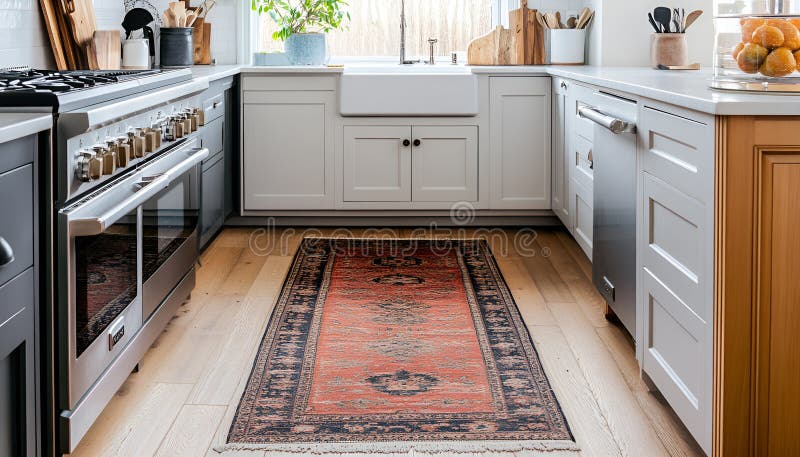 Beautiful Rug on Wooden Floor in Kitchen Stock Image - Image of ...