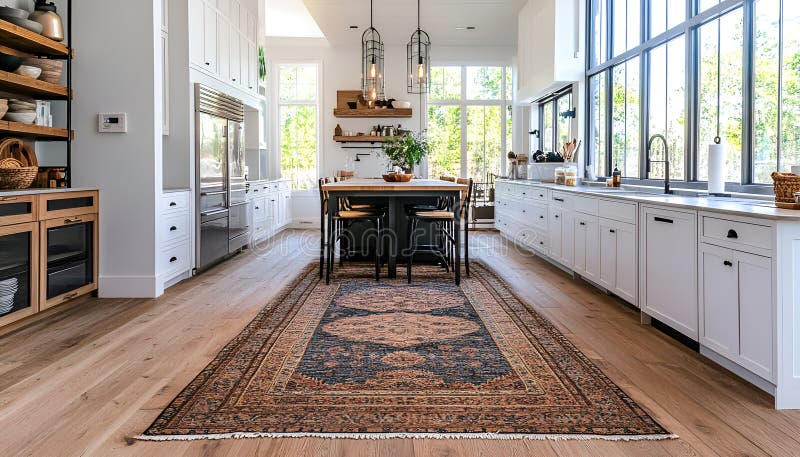 Beautiful Rug on Wooden Floor in Kitchen Stock Photo - Image of carpet ...