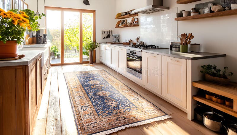 Beautiful Rug on Wooden Floor in Kitchen Stock Image - Image of ...