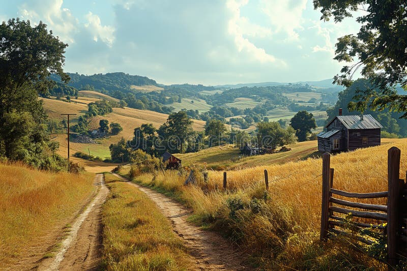Beautiful Rural Landscape with Old Huts and Barns Stock Illustration ...