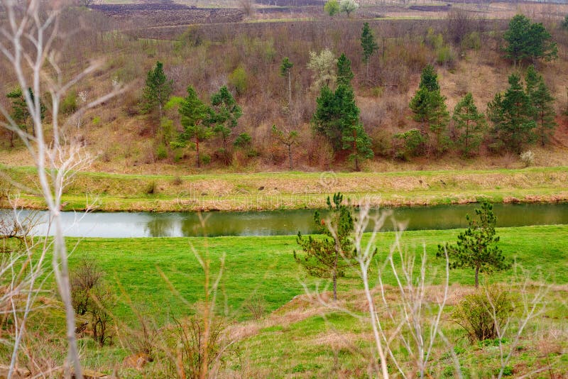 Beautiful Rural Spring Landscape with Forest, River on Cloudy Rainy Day ...