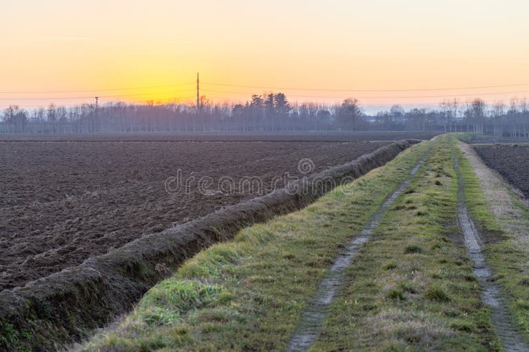 Beautiful Rural Sunset Landscape with a Dirt Path and Open Fields Stock ...