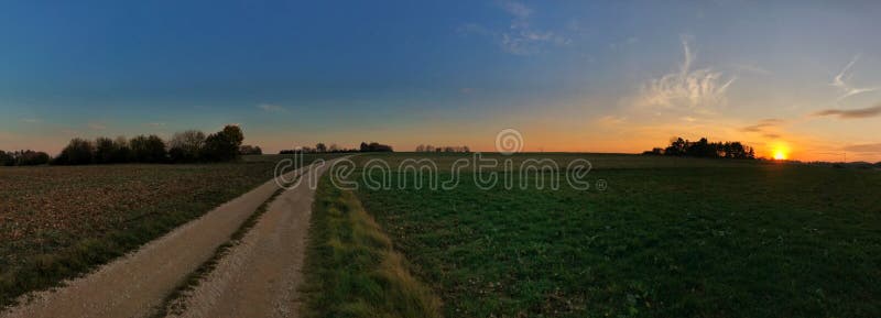 Beautiful Rural Sunset Panorama with Fields and Winding Pathway Stock ...