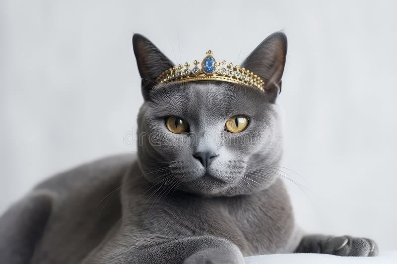 Beautiful Russian Blue Cat in Gold Crown on White Background ...