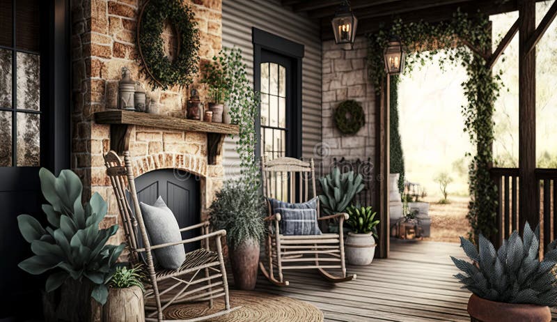Beautiful Rustic Farmhouse Style Porch, Generative AI Stock ...