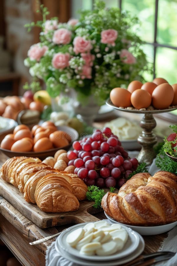 Beautiful Rustic Set Easter Brunch Table with Fresh Flowers, Pastries ...