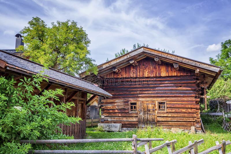 Beautiful Rustic Summer Landscape. Old Wooden Log Houses Stock Image ...