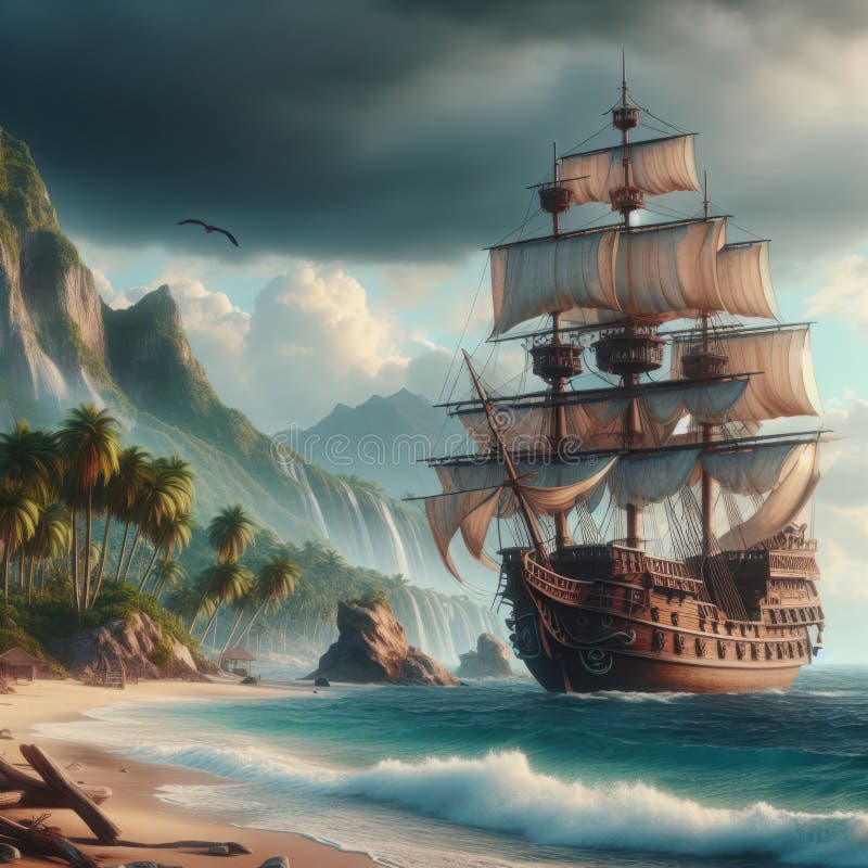 A Beautiful Sailing Ship Approaching the Island. Stock Illustration ...