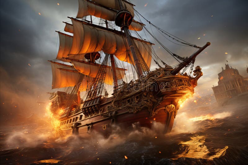 Beautiful Sailing Ship during Battle Stock Illustration - Illustration ...