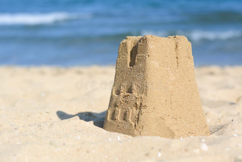 Beautiful Sand Castle on Beach Near Sea, Space for Text Stock Image ...
