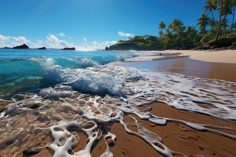 Beautiful Sandy Beach with Rolling Turquoise Waves Stock Illustration - Illustration of blue ...