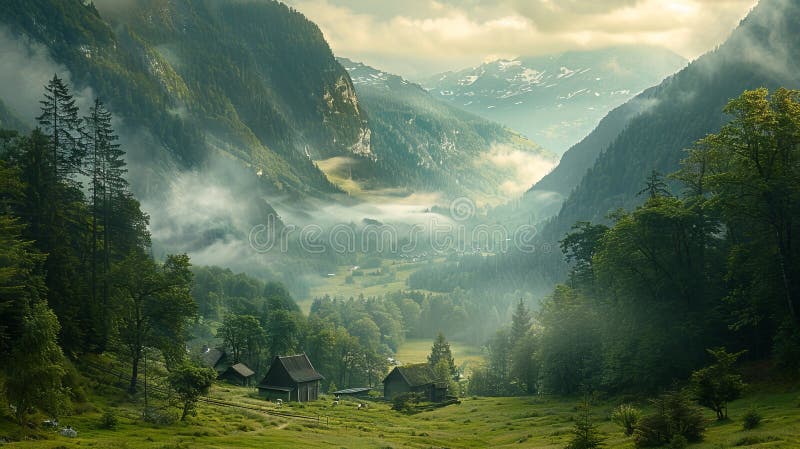 A Beautiful Scene of a Mountain Valley with Fog Stock Photo - Image of ...