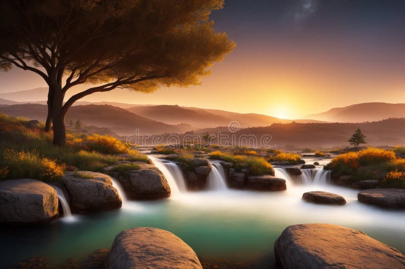 Beautiful Scene River and Tree Stock Illustration - Illustration of ...