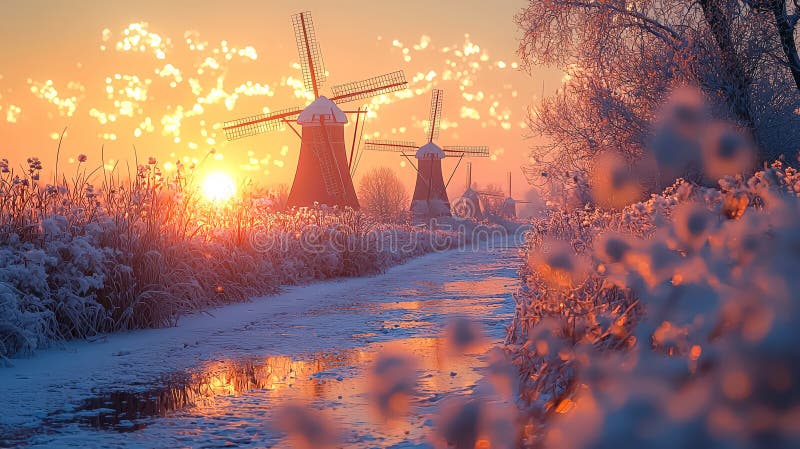 Beautiful Scene River Two Windmills Background Stock Photos - Free ...