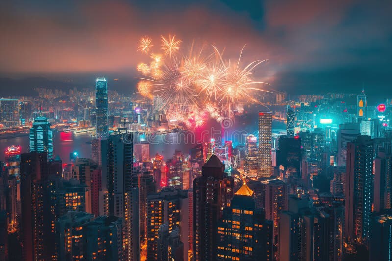 Fireworks Exploding Over Hong Kong Skyline at Night during New Year S ...