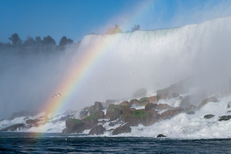 Beautiful Scenery of a Rainbow Over a Powerful Waterfall Stock Photo ...