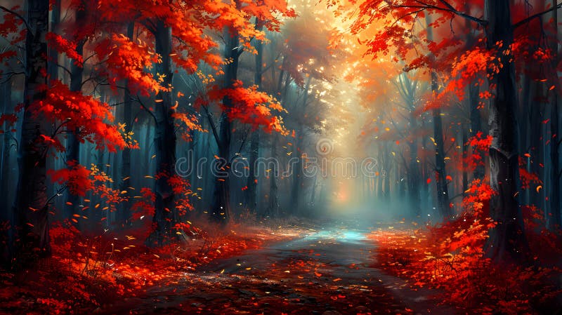 Beautiful Scenery with Red Trees and Falling Leaves Stock Image - Image ...